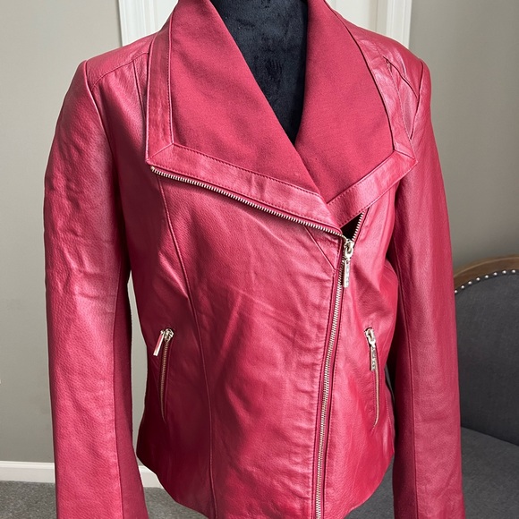 IMAN | Jackets & Coats | Iman Red Leather Moto Jacket With Asymmetrical ...